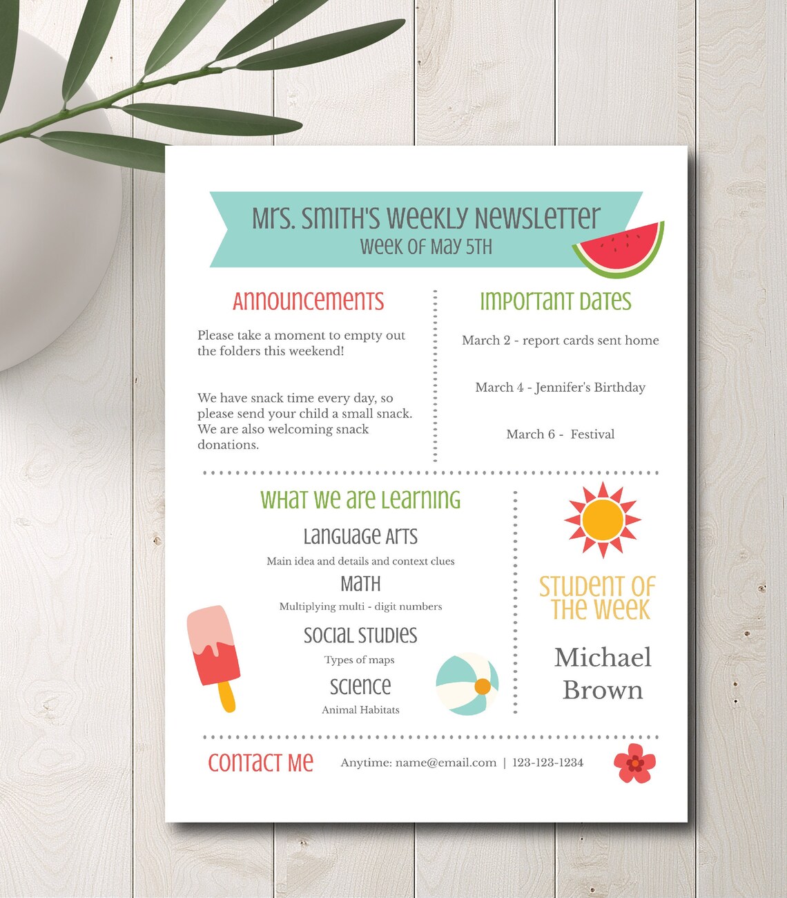 Editable Weekly Teacher Newsletter Template Summer Theme - Etsy