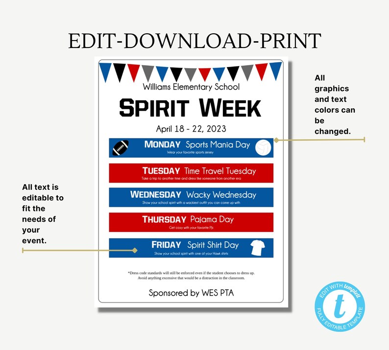 School Spirit Week Flyer Template School Spirit Week - Etsy