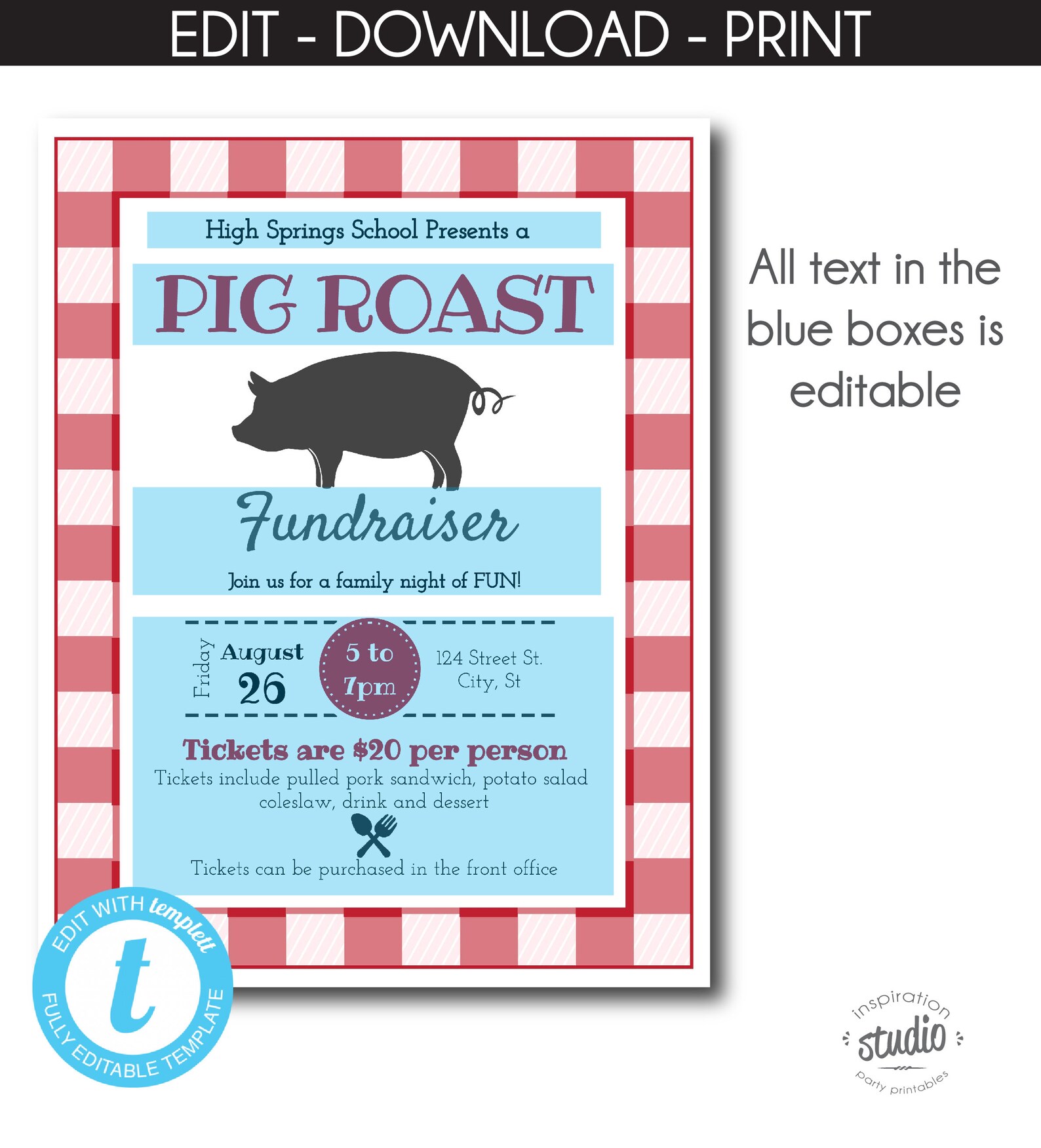 Pig Roast Dinner Fundraiser Flyer and Tickets BBQ Night PTA - Etsy