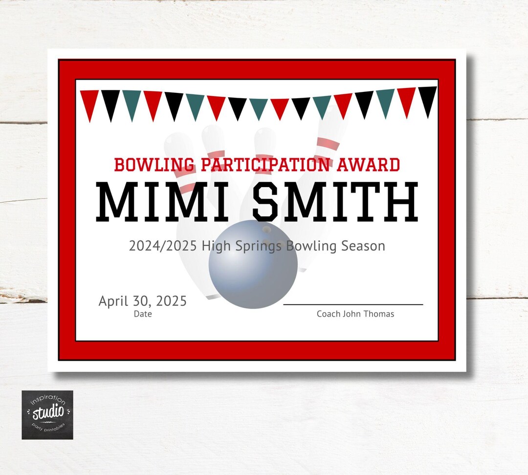 Editable Bowling Award Certificate Template | Personalized End of ...