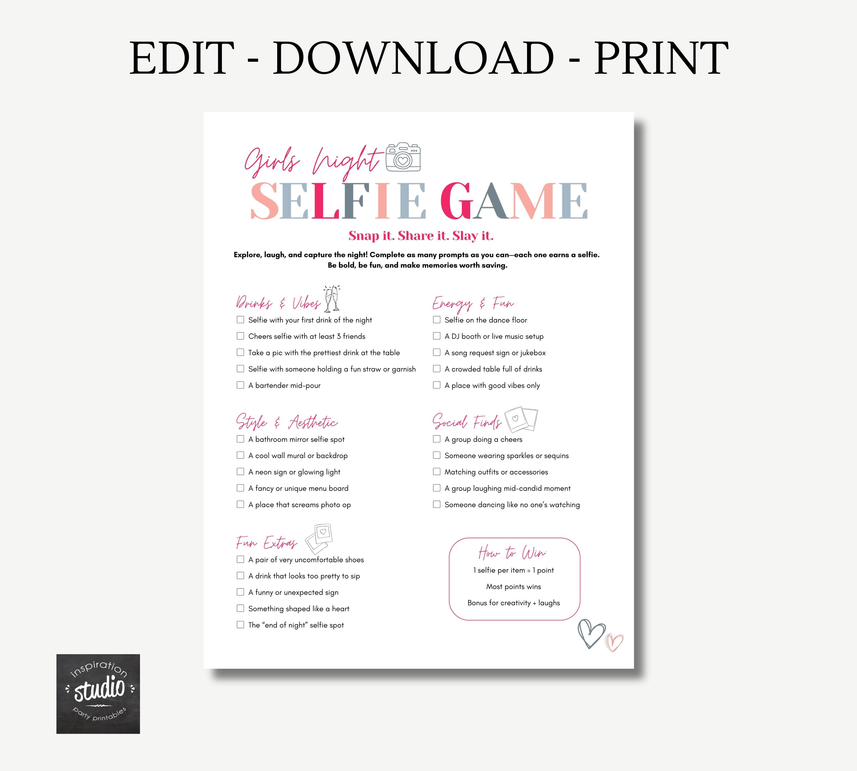 Girls Night Out Selfie Scavenger Hunt | Bachelorette Party | Bar Crawl ...