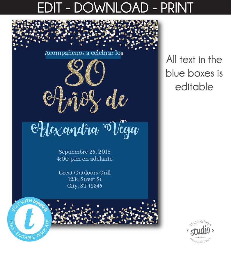 80 Años De Spanish 80th Birthday Invitation Blue and Gold - Etsy
