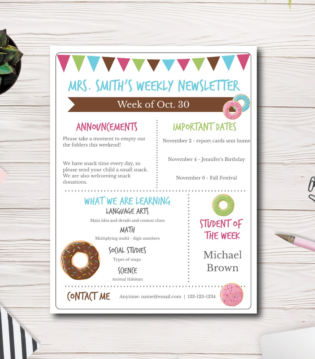 Editable Weekly Donut Teacher Newsletter Template Notes to Parents ...