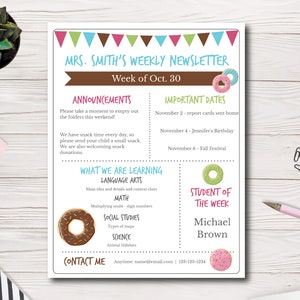 Editable Weekly Donut Teacher Newsletter Template Notes to Parents ...
