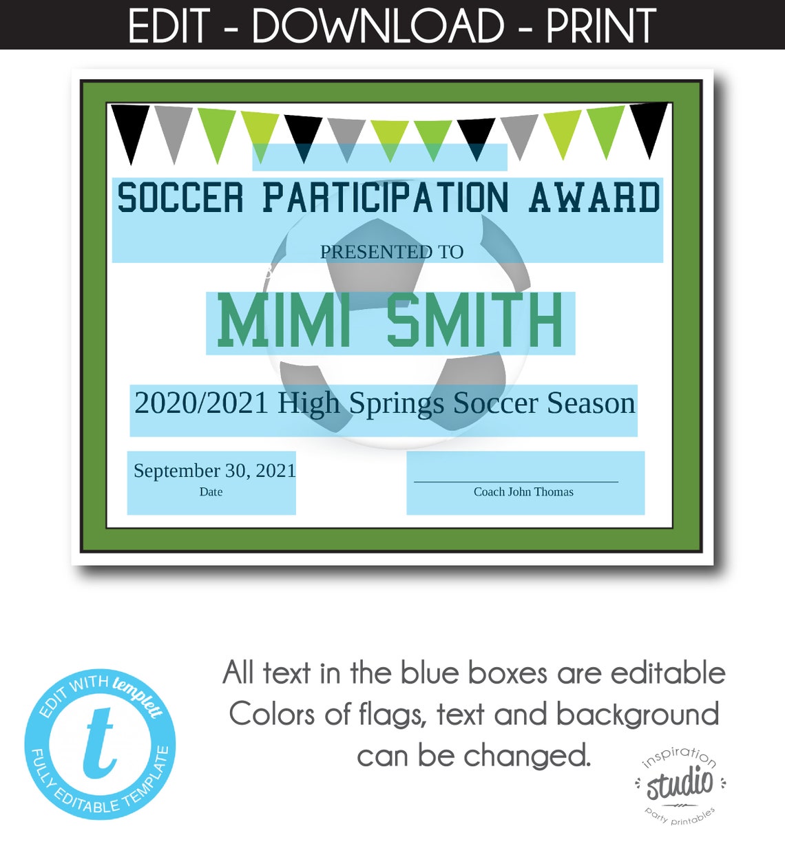 Editable End of Season Soccer Award Certificates Custom | Etsy