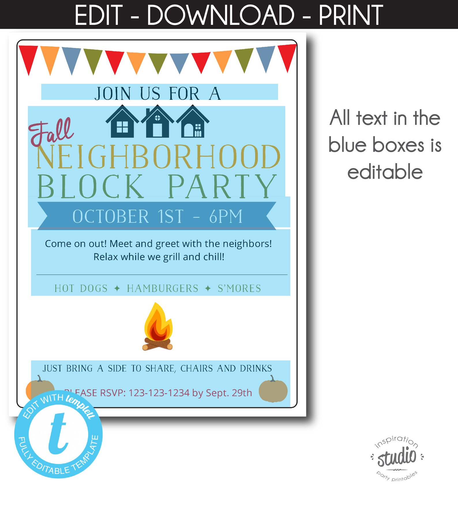Fall Neighborhood Block Party Flyer Template, Fall Backyard Party ...