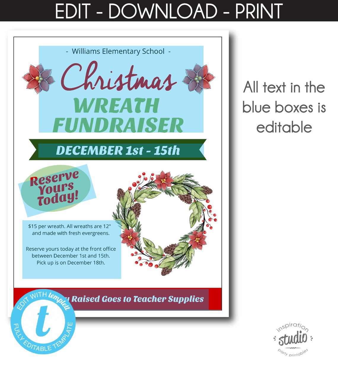 Christmas Wreath Sale Flyer Template School Church PTA - Etsy