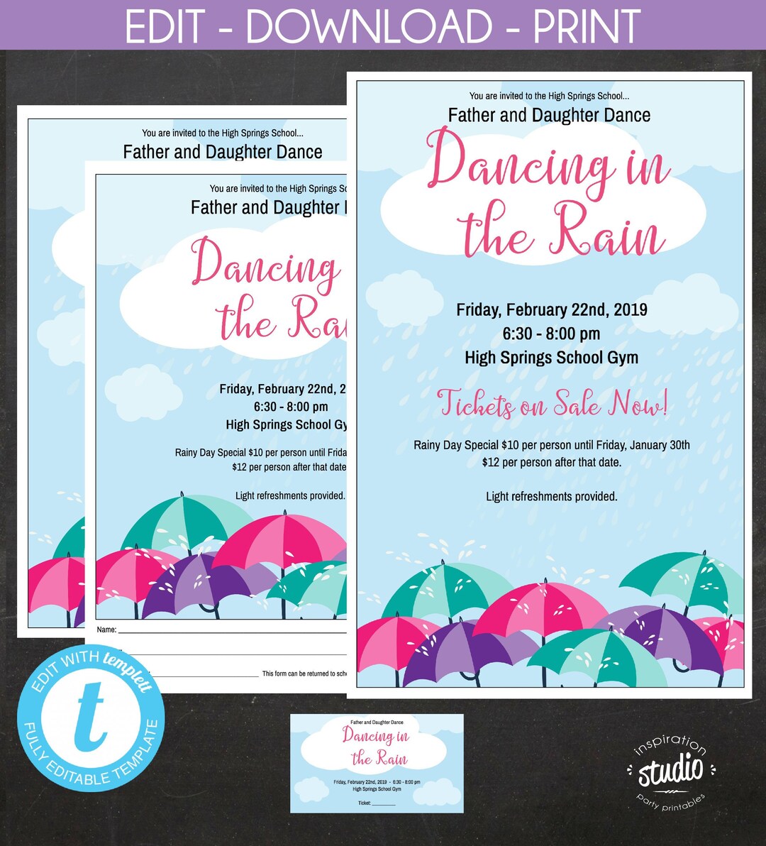 Dancing in the Rain Flyer, Poster and Ticket Template, Daddy, Daughter ...