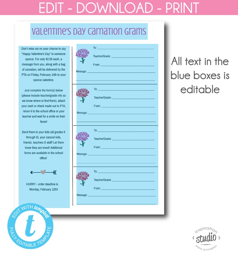 Valentine's Day Carnation Gram Flyer Template for | Etsy