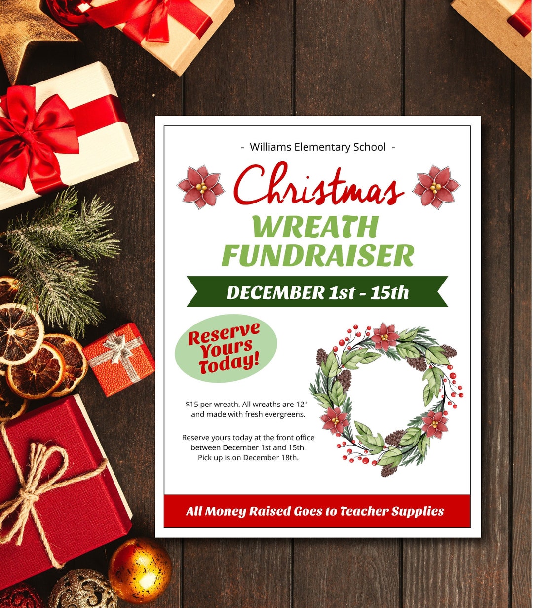 Christmas Wreath Sale Flyer Template, School, Church, PTA, PTO ...