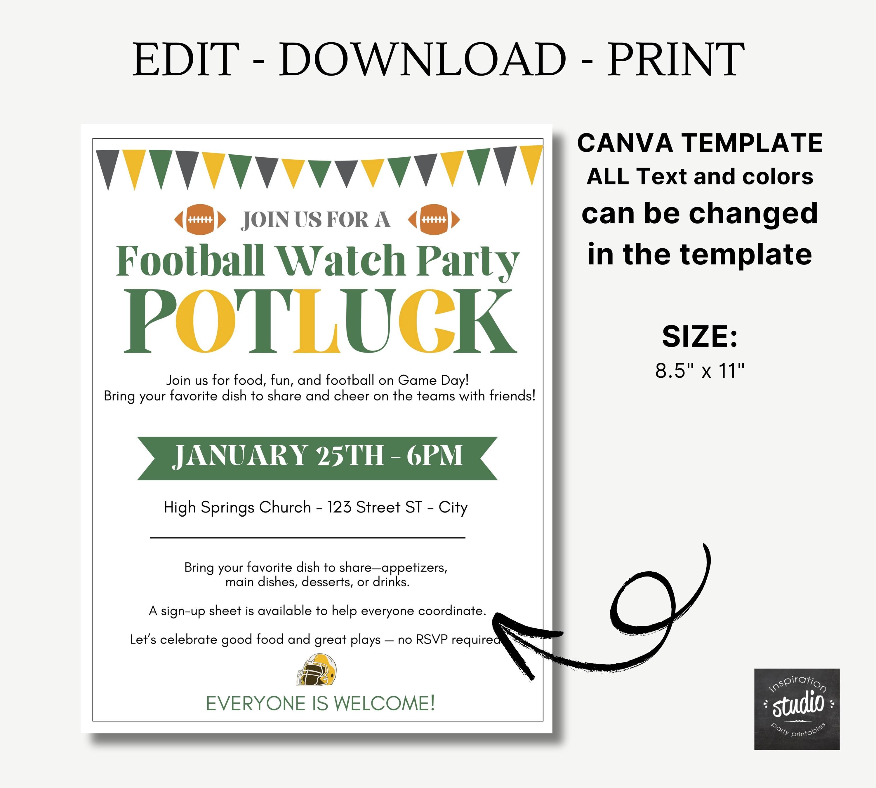Football Watch Party Potluck Flyer | Game Day Potluck Invitation | Big ...