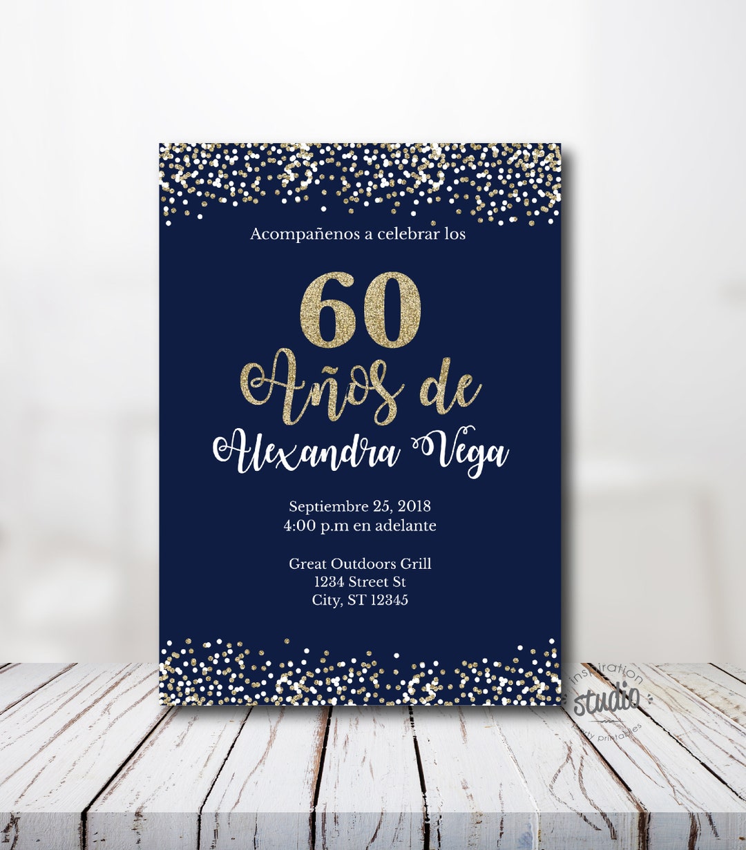 60 Años De, Spanish, 60th Birthday Invitation, Blue and Gold Glitter ...