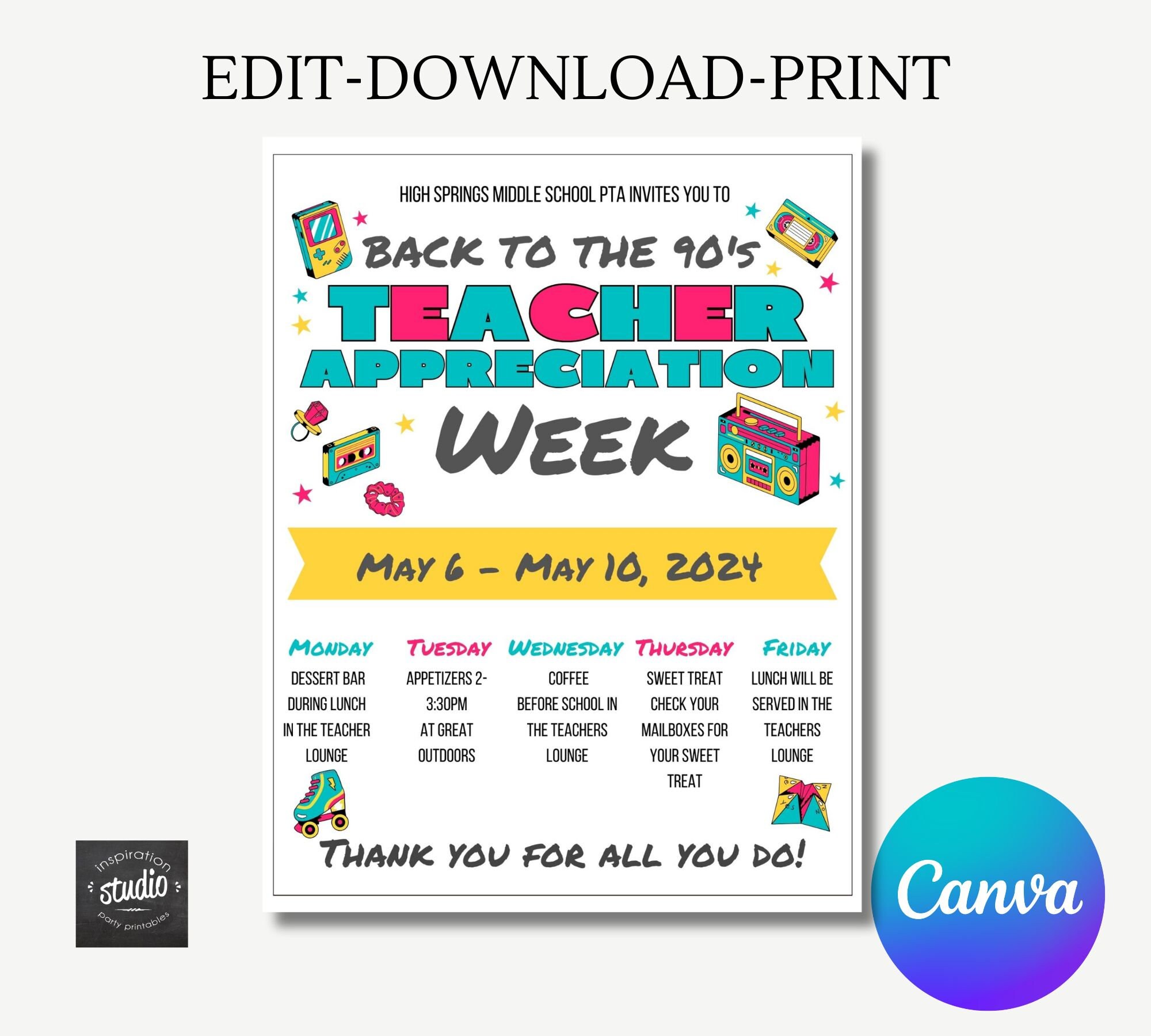1990s Theme Teacher Appreciation Week Flyer Template | School Staff ...