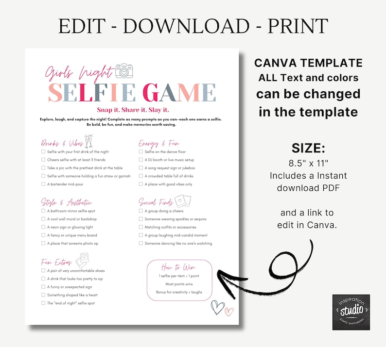 Girls Night Out Selfie Scavenger Hunt | Bachelorette Party | Bar Crawl ...