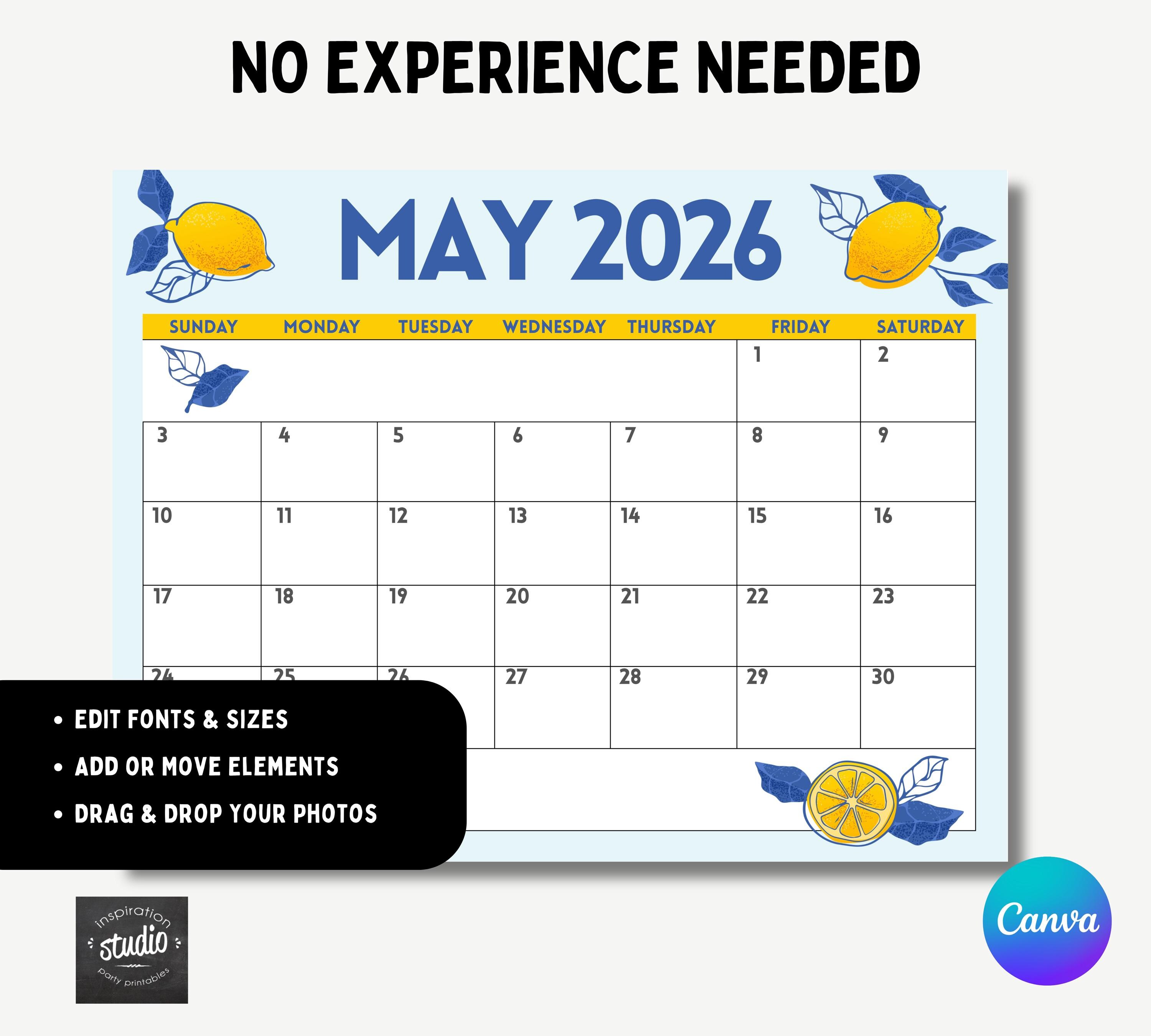 May 2026 Calendar | Editable Canva Template Lemon Fresh Mediterranean ...