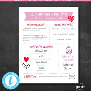 Valentine's Day Editable Weekly Teacher Newsletter Template, Notes to ...