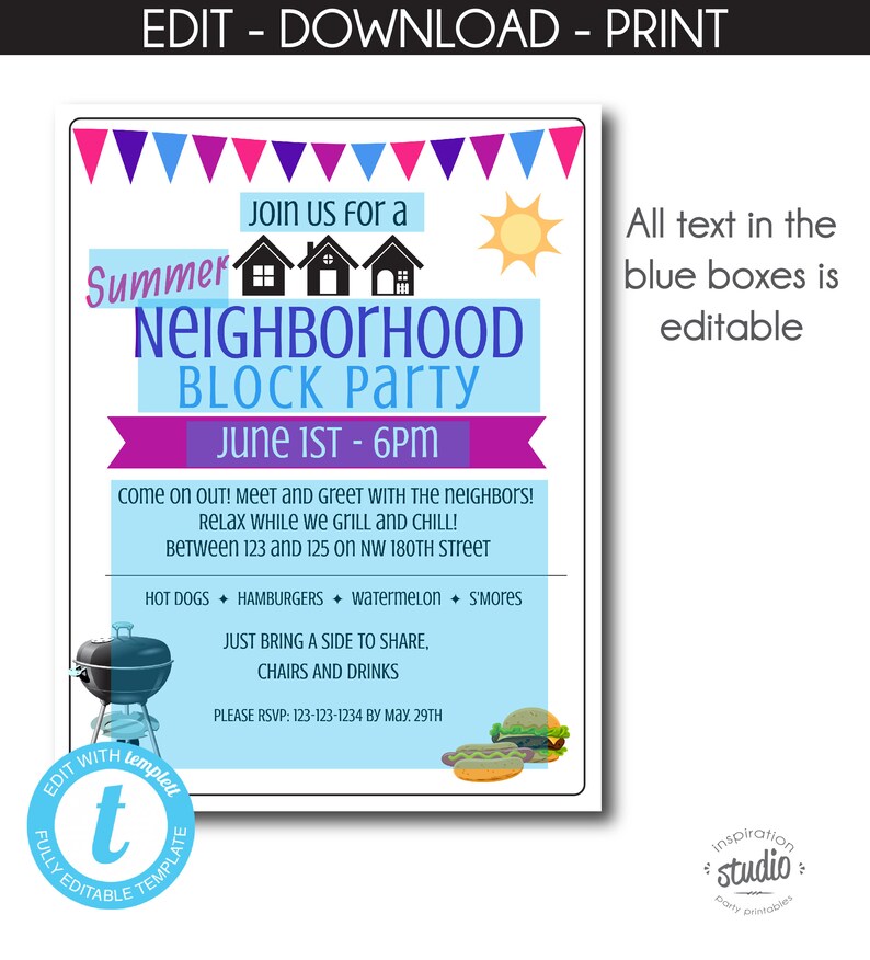 Summer Neighborhood Block Party Flyer Summer Backyard Party - Etsy