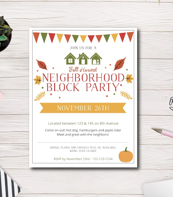 Fall Neighborhood Block Party Flyer Template Fall Backyard - Etsy