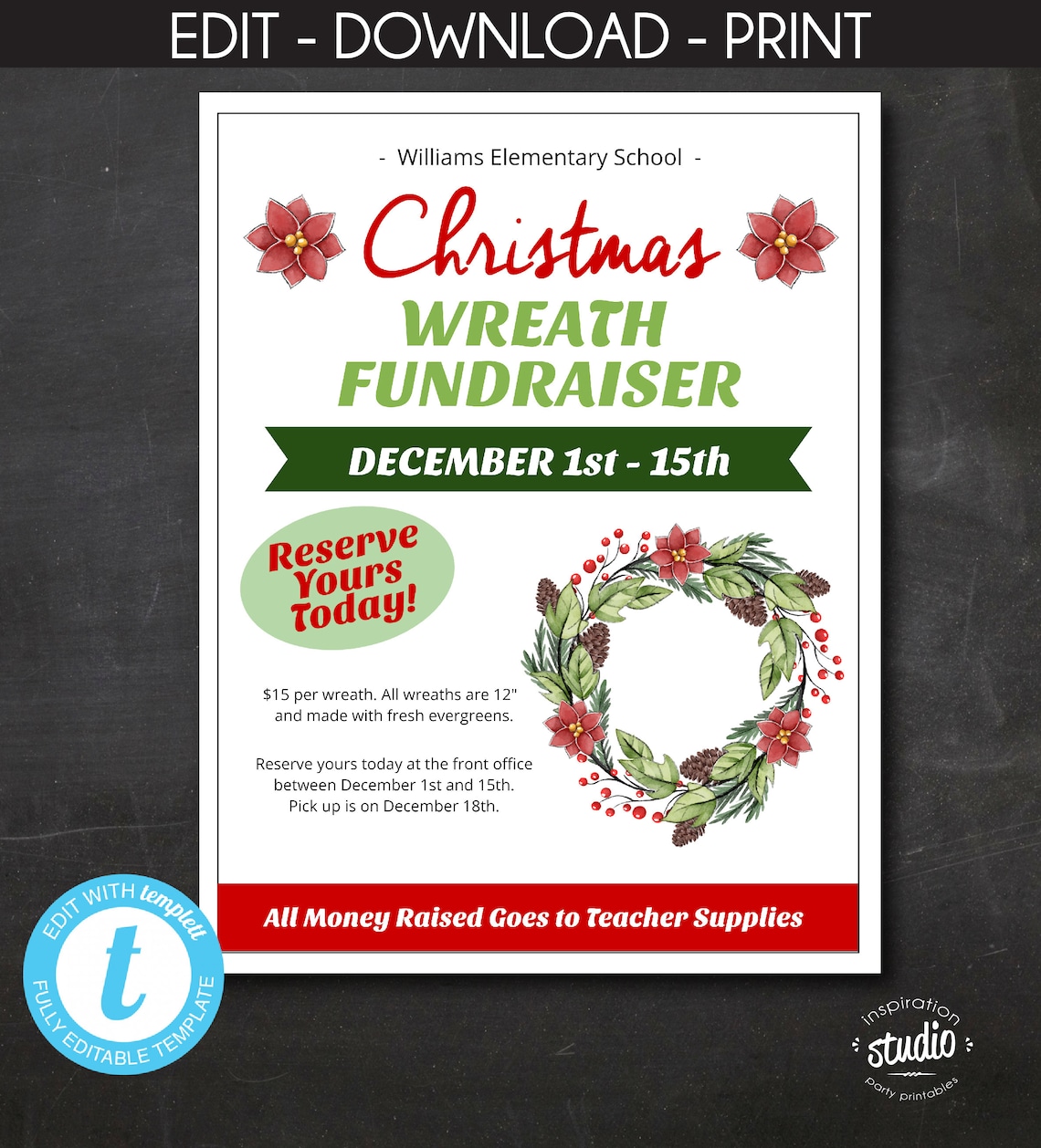 Christmas Wreath Sale Flyer Template School Church PTA - Etsy