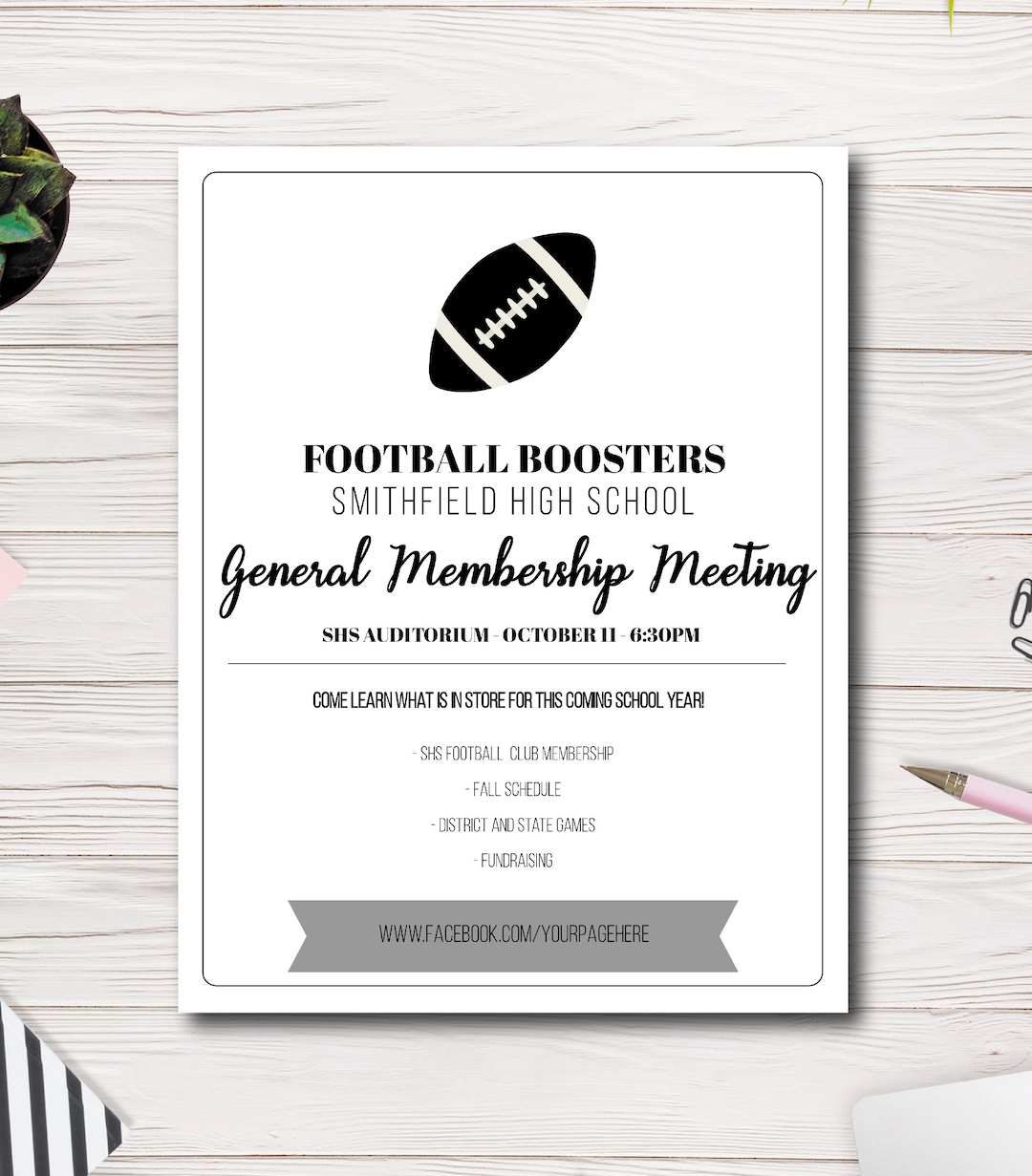 Customizable Football Boosters Meeting Flyer Template | DIY Meeting ...