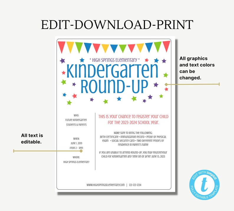 Kindergarten Round up Event Flyer Template, Printable Template, School ...