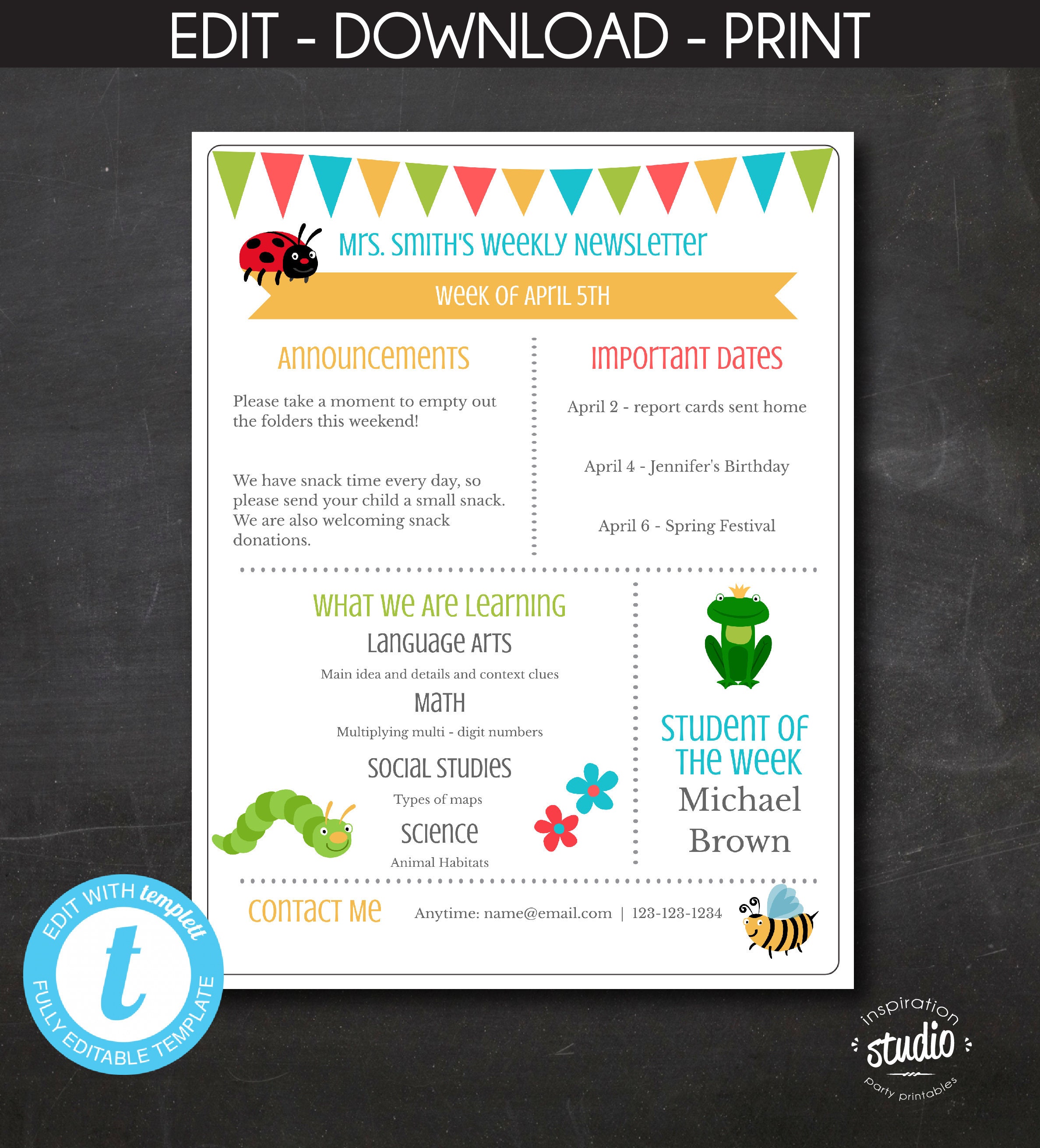 Spring theme Editable Weekly Teacher Newsletter Template Edit yourself ...