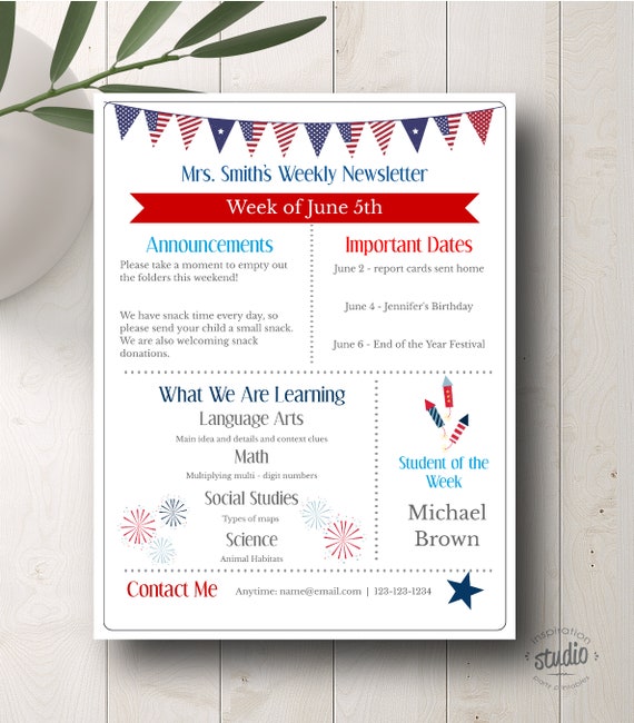 Fourth of July Editable Weekly Teacher Newsletter Template, Notes to ...