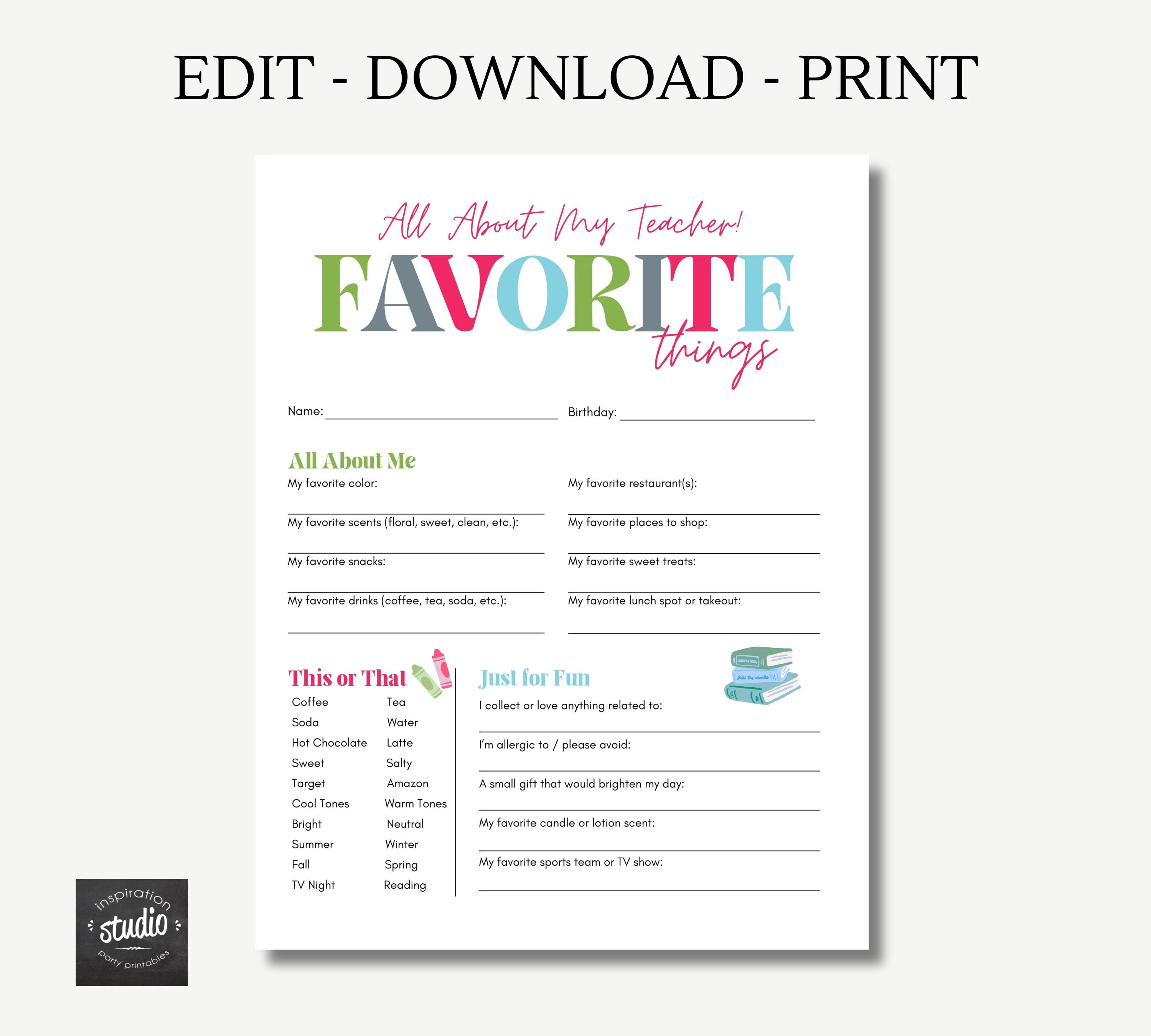 Teacher Favorite Things Questionnaire | Editable Canva Template for PTA ...