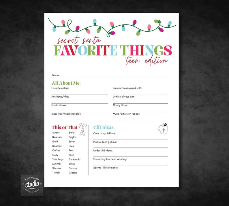 Secret Santa Survey Template for Teens | Gift Exchange Questionnaire ...