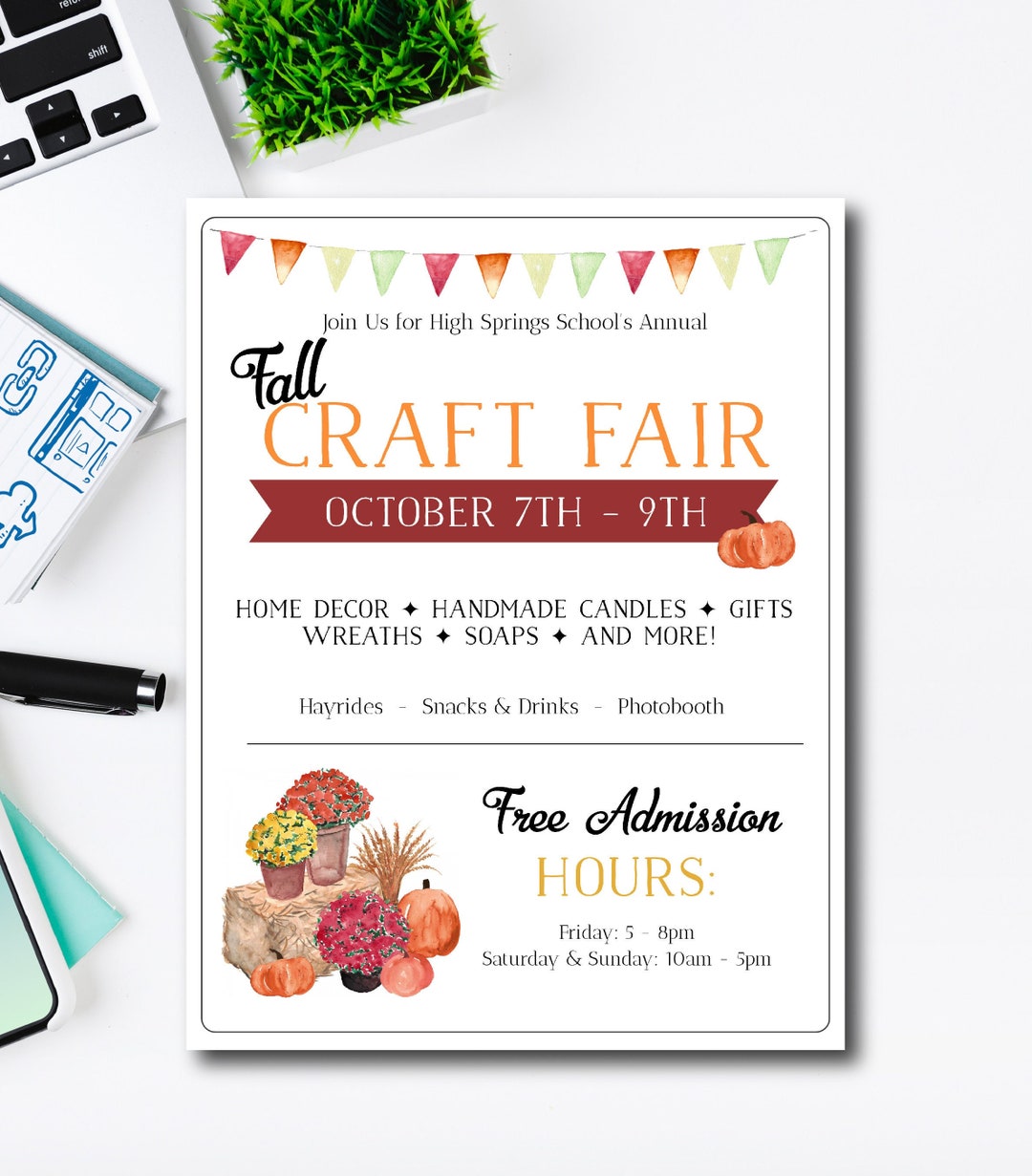 Fall Craft Fair Flyer Template, Watercolor Style, School, Church, PTA ...