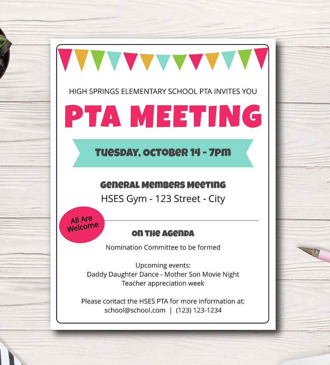 Meeting Announcement Flyer Template Edit Yourself Great for PTA, PTO ...