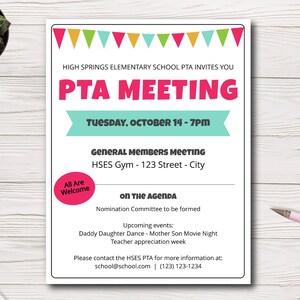 Meeting Announcement Flyer Template Edit Yourself Great for PTA, PTO ...
