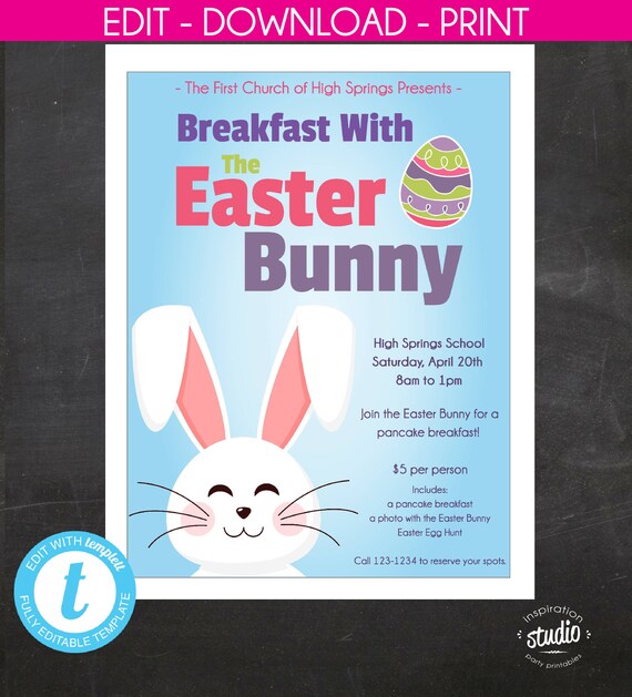 Breakfast with the Easter Bunny Flyer, Easter Egg Hunt Flyer, School or ...