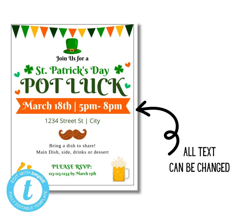 St Patrick Potluck Flyer Template | Potluck Party | Neighborhood Party ...