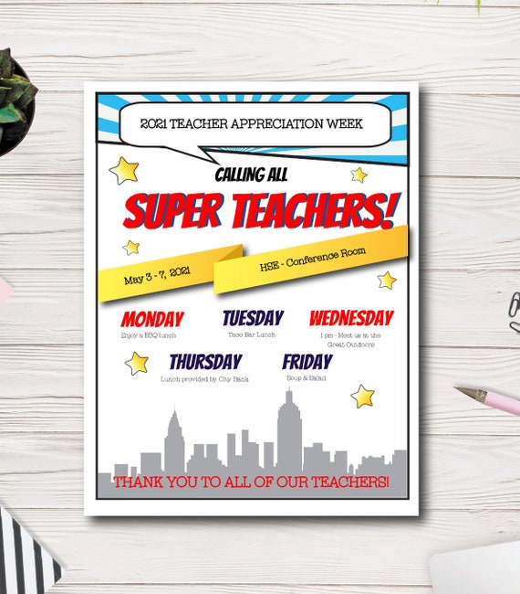 Super Hero Teacher Appreciation Week Flyer, Calling all super heros ...