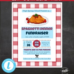 Spaghetti Dinner Fundraiser Flyer and Tickets Template, Italian Night ...