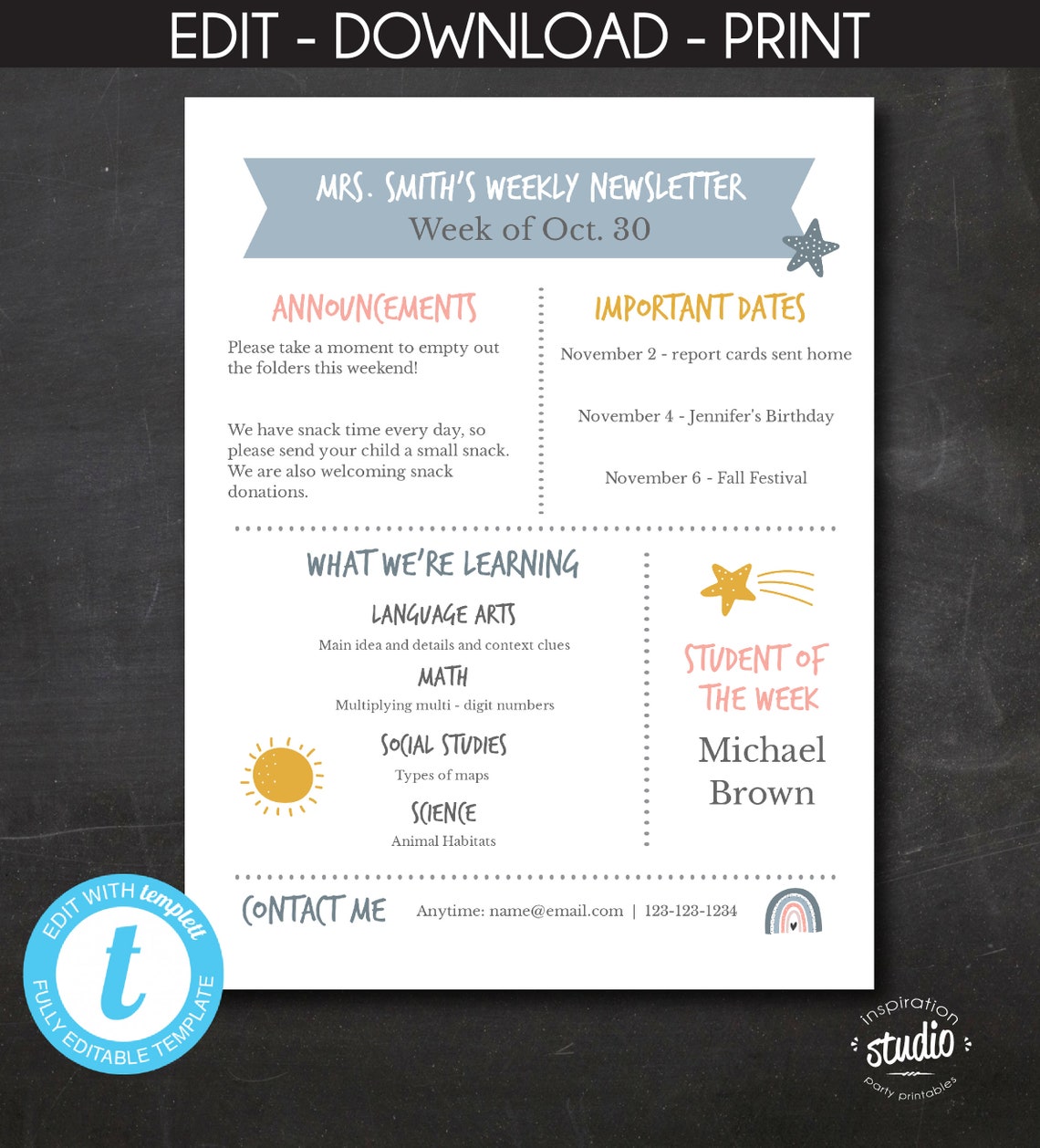 Editable Weekly Teacher Newsletter Template Notes to Parents | Etsy