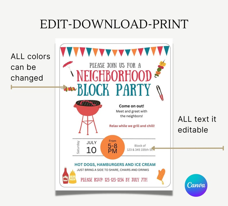 Neighborhood Block Party Flyer Template, Summer Backyard Party Invite ...