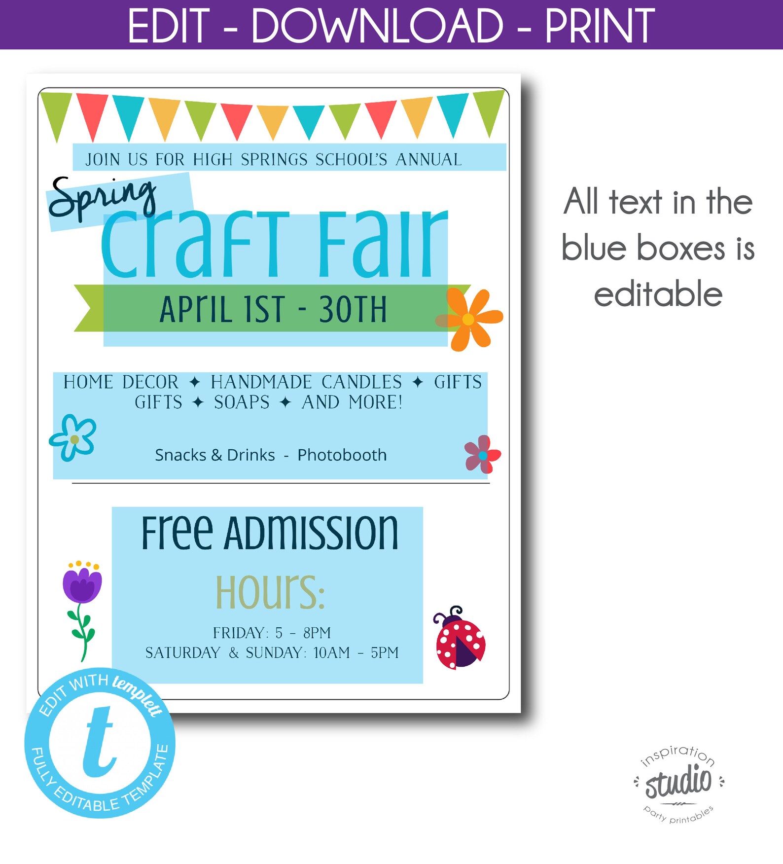 Spring Craft Fair Flyer Template | School, Church, PTA, PTO, Event ...