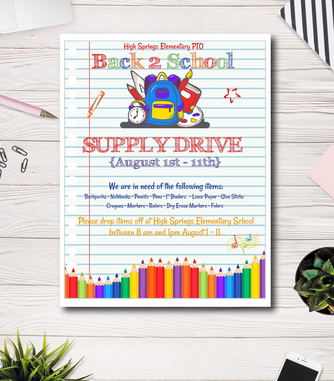 Back to School Supply Drive Flyer School Supply Donation Drive PTA, PTO ...