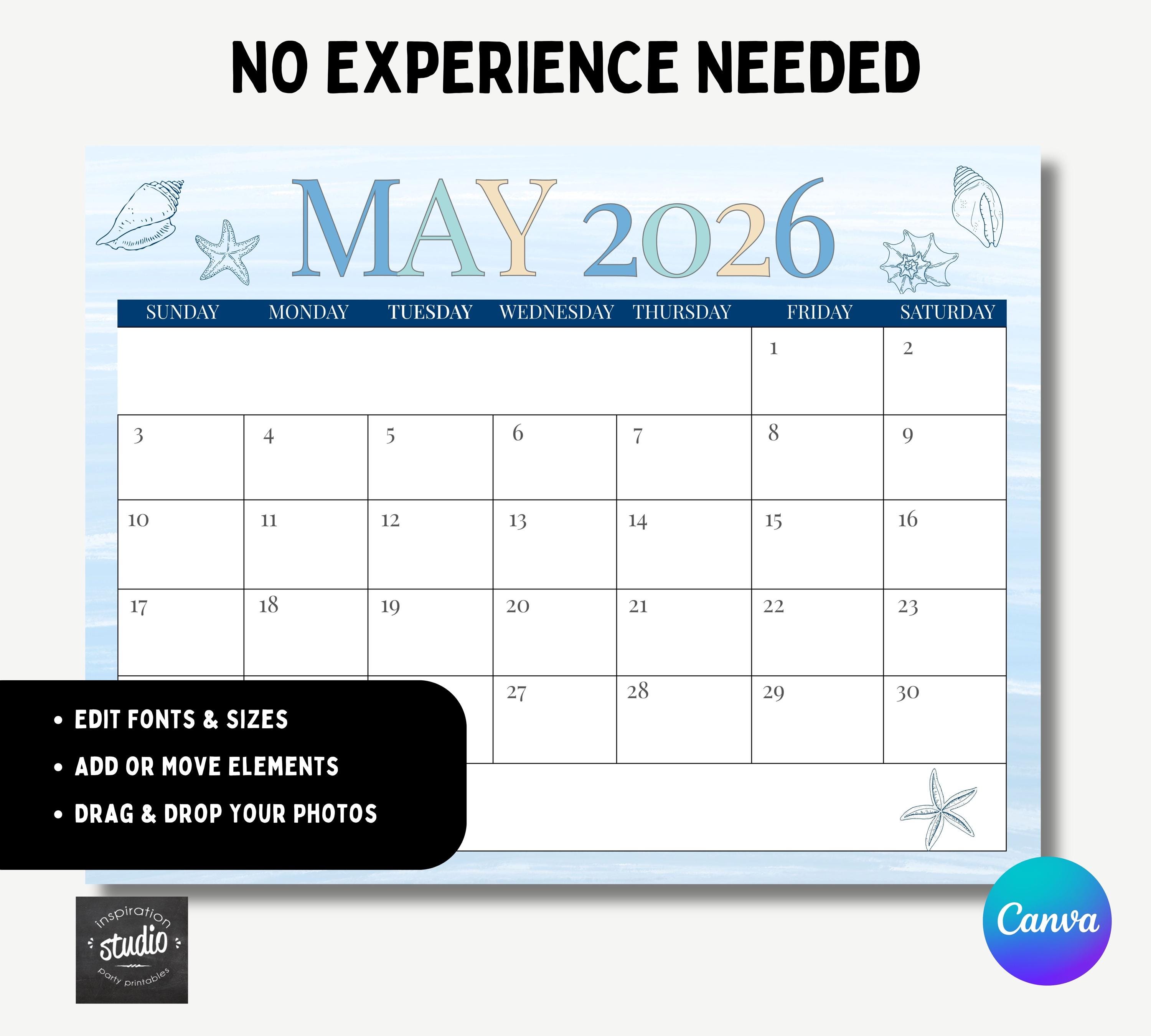 May 2026 Coastal Calendar | Editable Canva Template With Beachy ...
