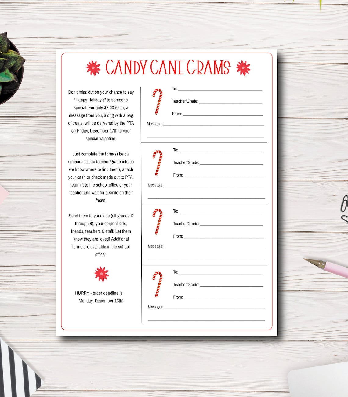 Candy Cane Gram Flyer Template Christmas Candy Grams | Etsy