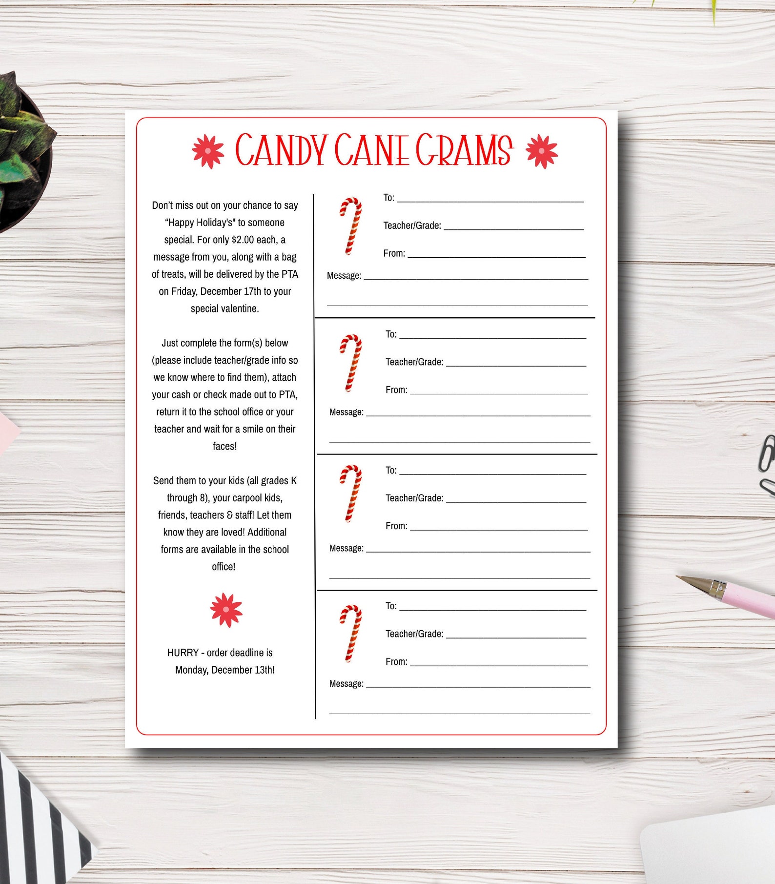 Candy Cane Gram Flyer Template Christmas Candy Grams | Etsy