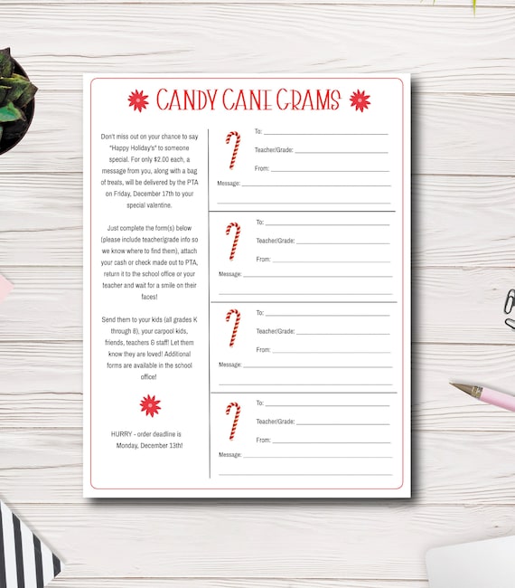 Candy Cane Gram Flyer Template Christmas Candy Grams | Etsy