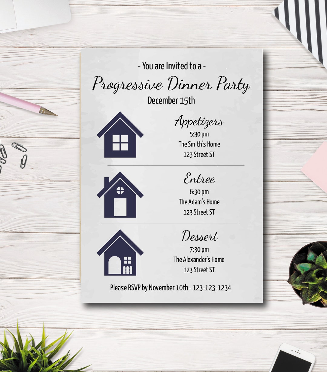 Progressive Dinner Party Invite Template, Friend Potluck, Three Houses ...