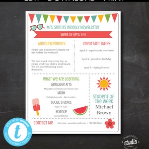 Customizable Summer Theme Weekly Teacher Newsletter Template Editable ...