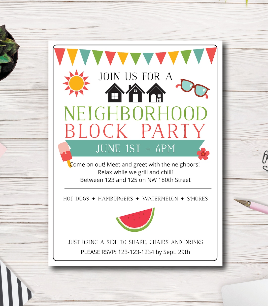 Neighborhood Block Party Flyer Template, Summer Backyard Party Invite ...