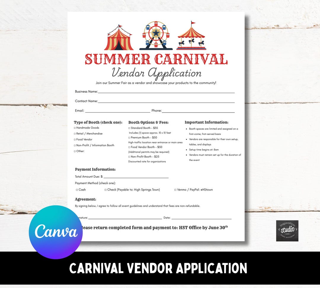 Carnival Vendor Agreement | Editable Canva Template Application With ...