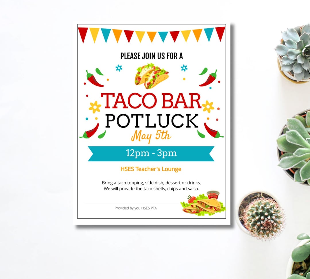 Taco Bar Potluck Flyer Template, Mexican Dinner Night, Taco Night, PTA ...