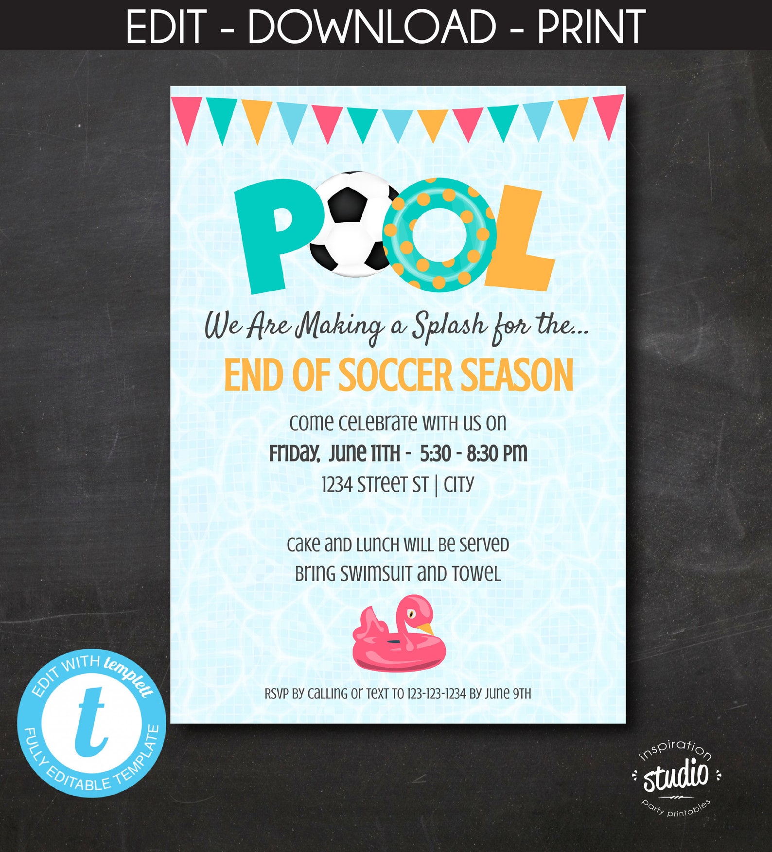 Soccer Season Pool Party Invite Template End of Soccer Season - Etsy